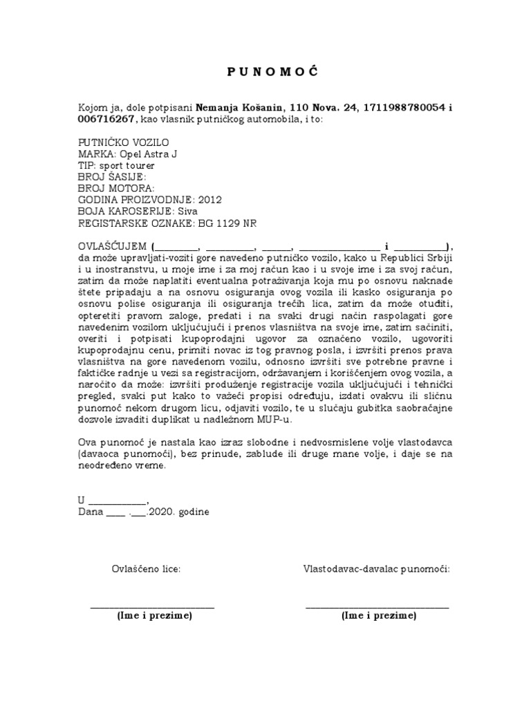 Punomoc Za Raspolaganje Automobilom | PDF