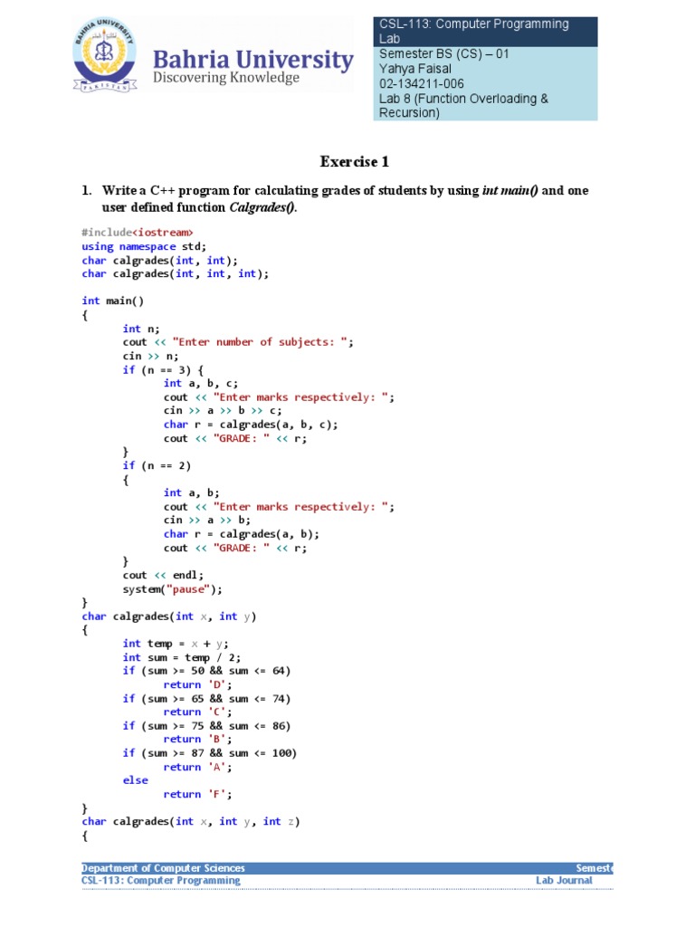 CP Lab 8 Ex 1 - 5 (Function Overloading & Recursion) | PDF | Namespace | Models Of Computation