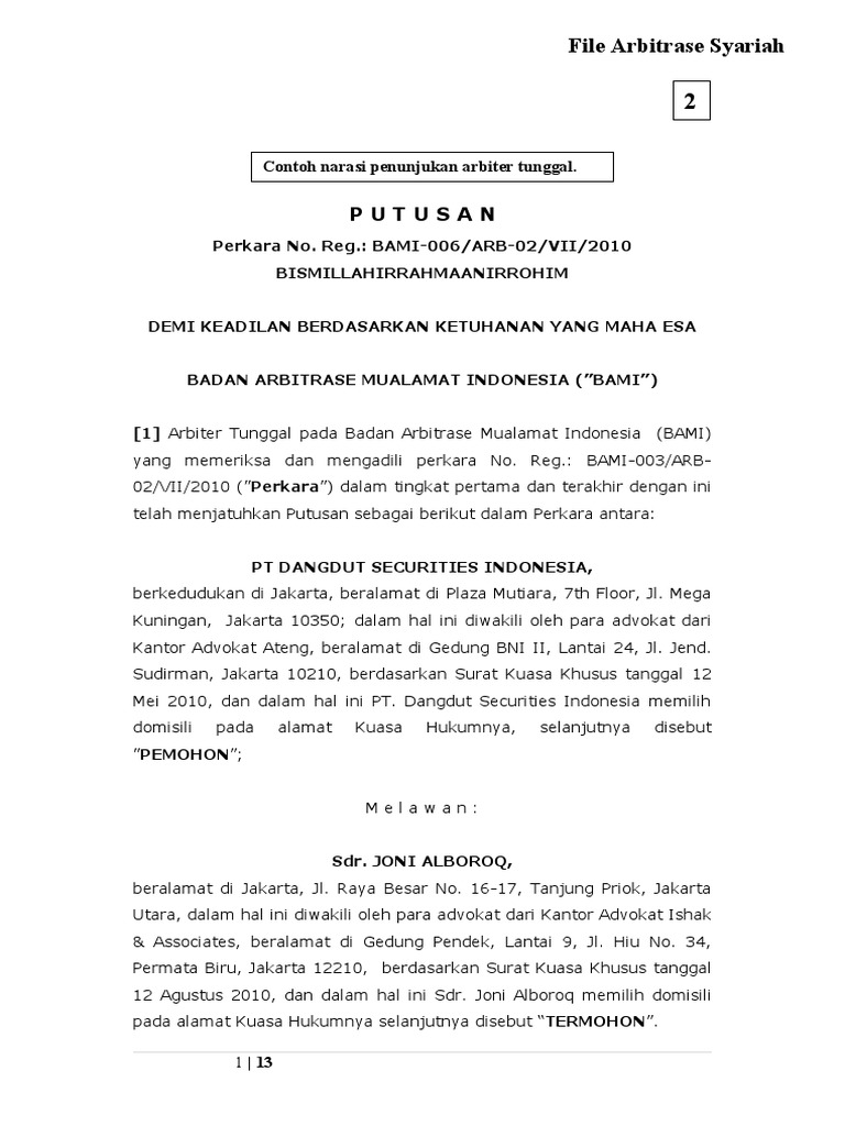 0076HW12 00 Format Putusan Arbiter Tunggal - Arbitrase Syariah | PDF