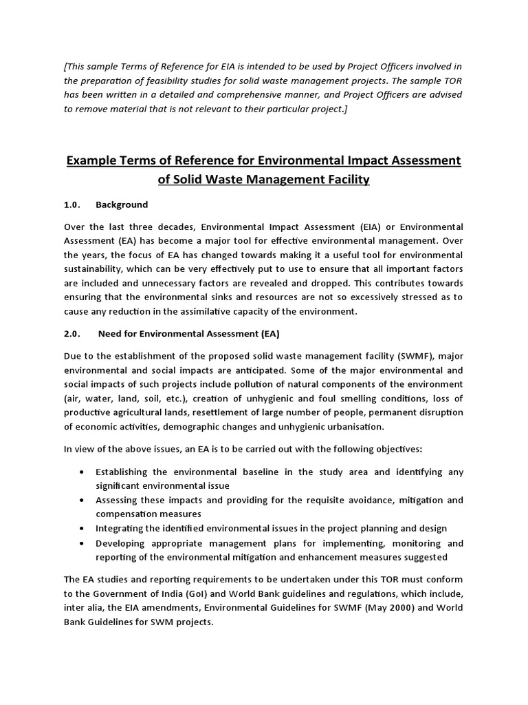 Example Terms of Reference For Environmental Impact Assessment of Solid ...