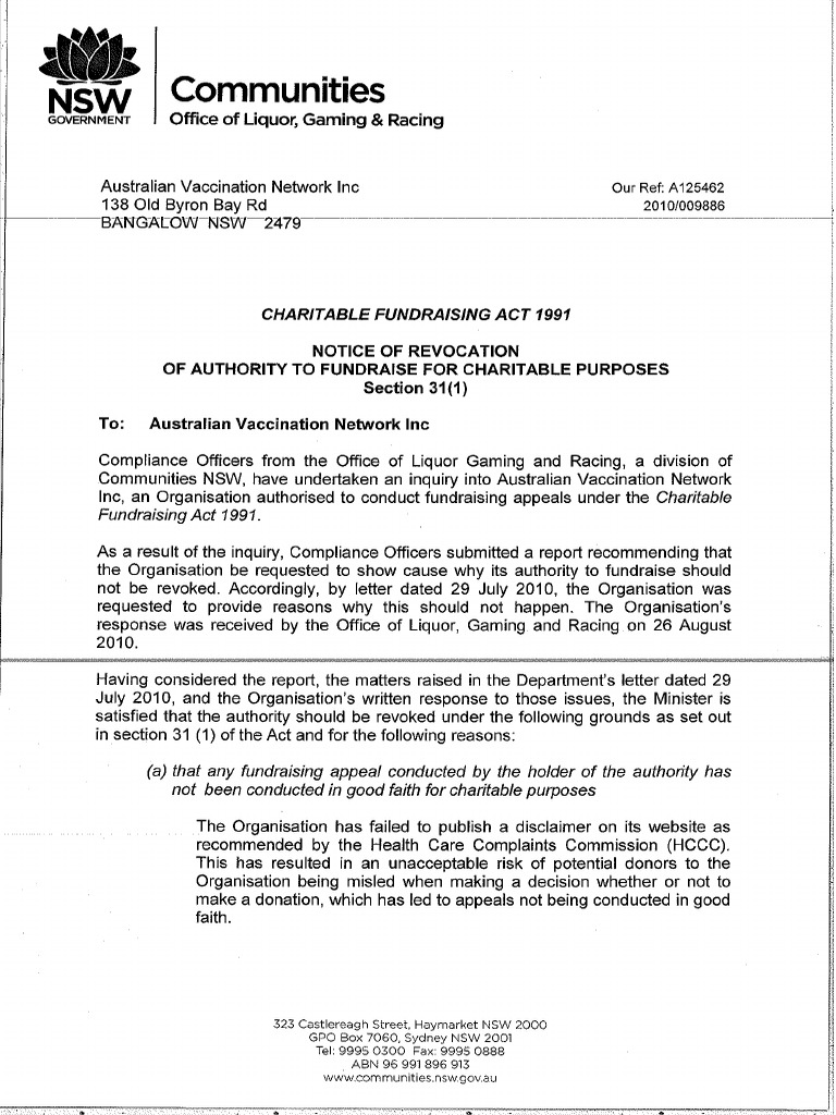 OLGR Letter To AVN Advising of Revocation 14-10-10 | PDF | Common Law ...