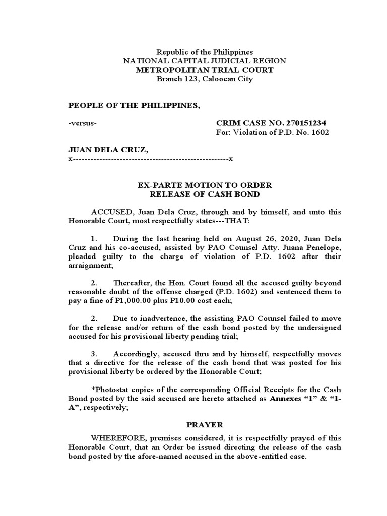 Motion for Cash Bond Release in 1602 Case | PDF | Misconduct | Crime ...