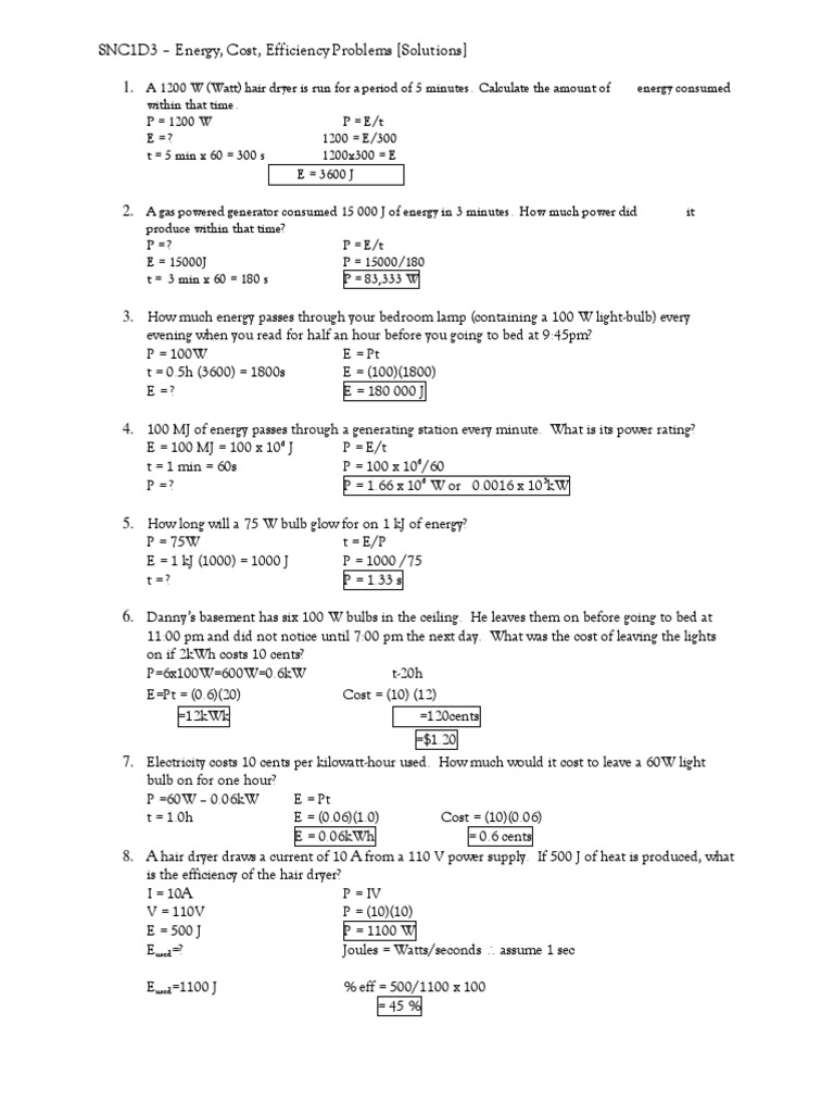 SNC1D3 - Energy, Cost, Efficiency Problems (Solutions) | PDF | Watt ...
