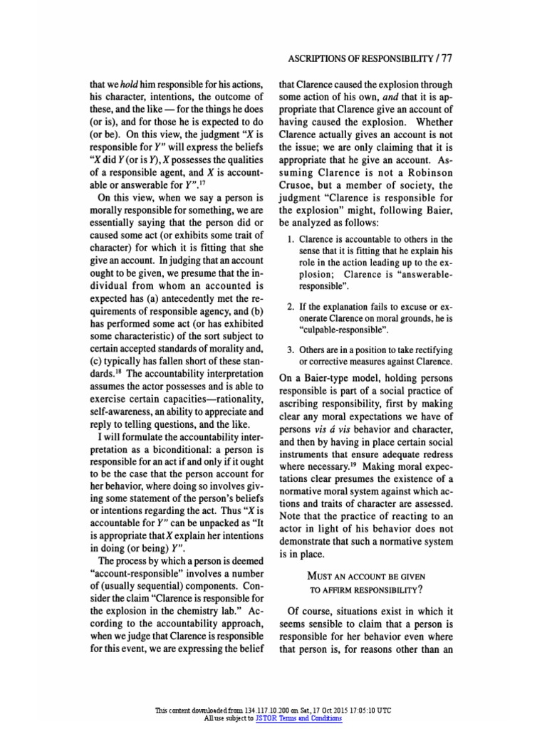 Oshana 1997. Ascriptions of Responsibility | PDF | Accountability | Attitude (Psychology)