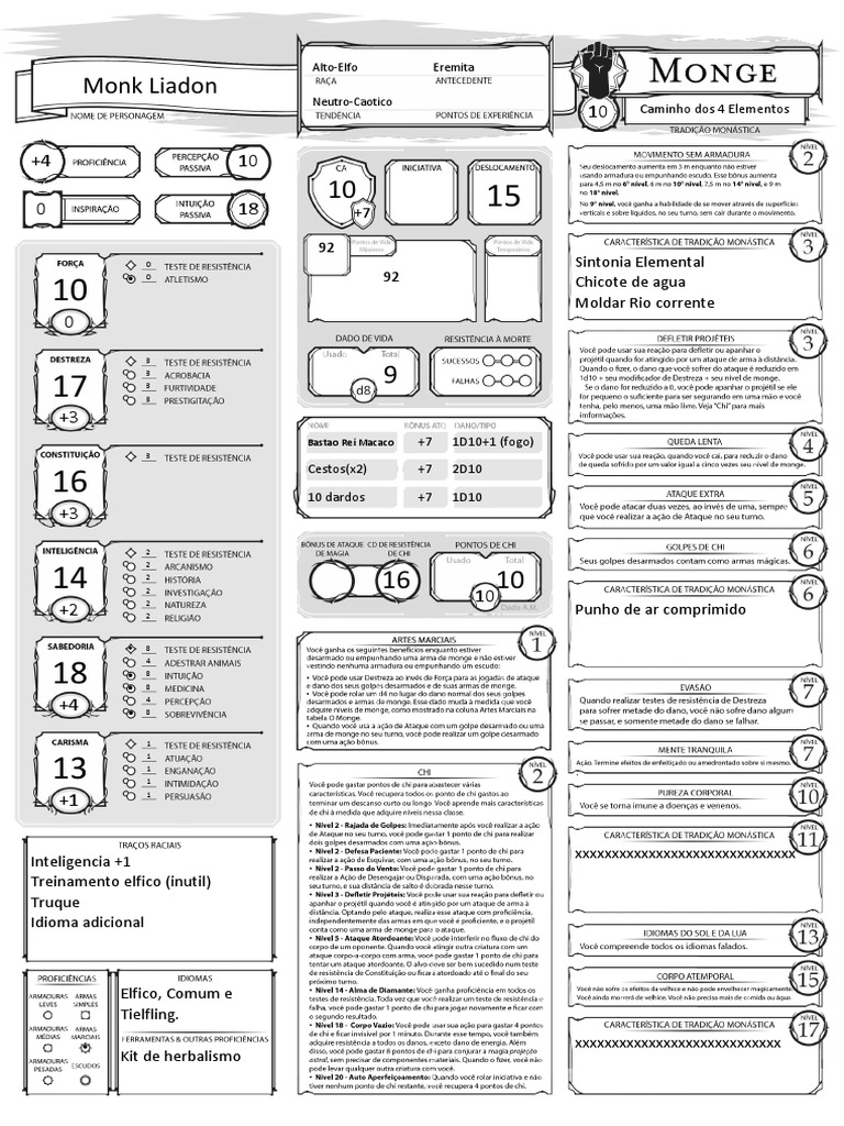 DND 5e - Ficha - Monge - Editável Prontos | PDF | Elfos
