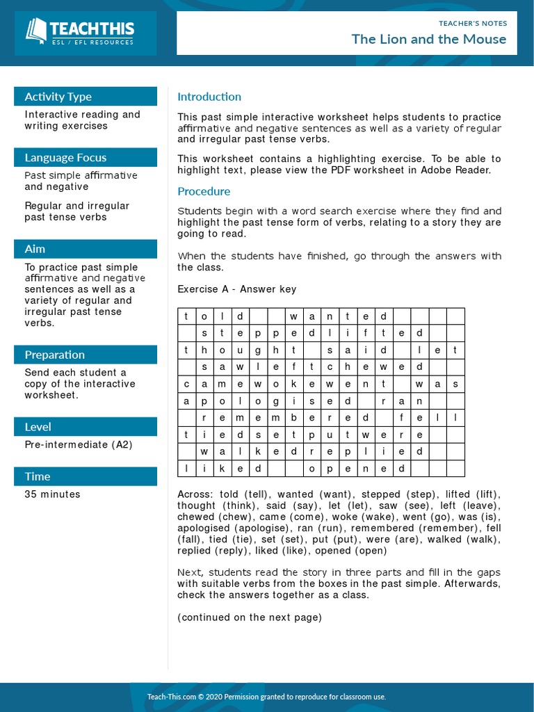 The Lion and The Mouse Interactive Worksheet Teachers Notes | PDF ...
