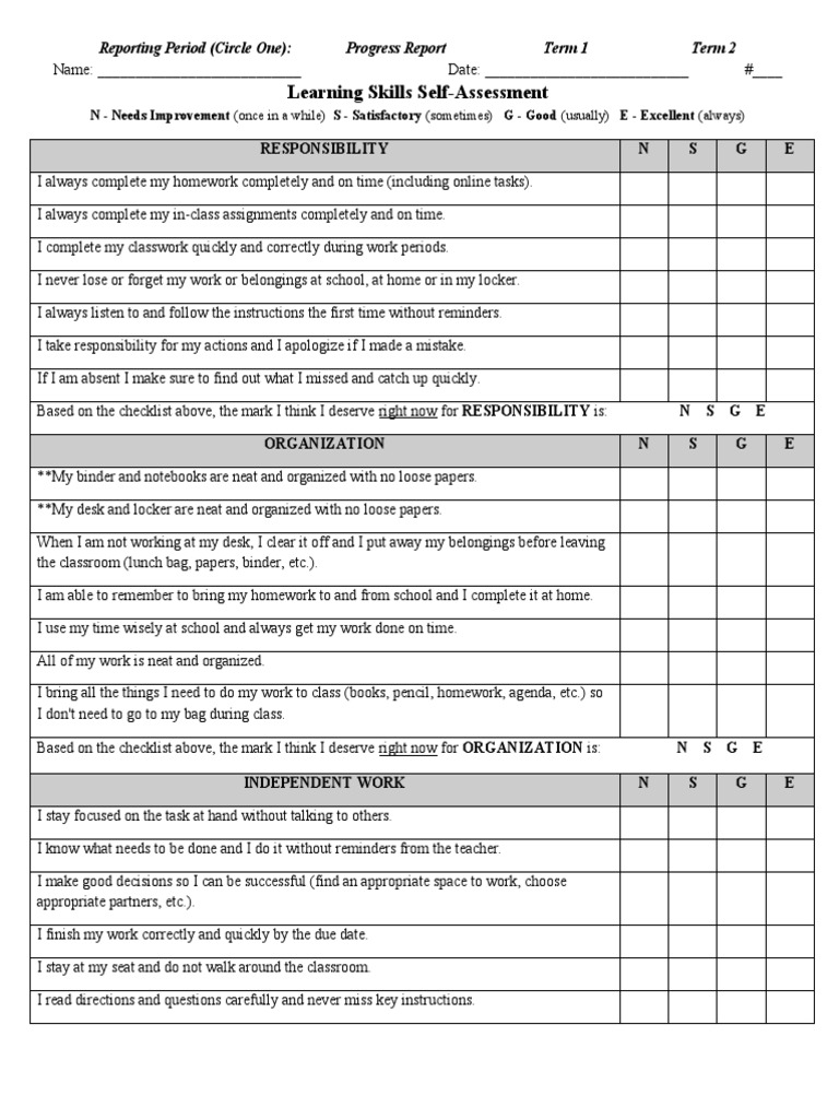 Learning Skills Self-Assessment: Responsibility N S G E | Download Free ...