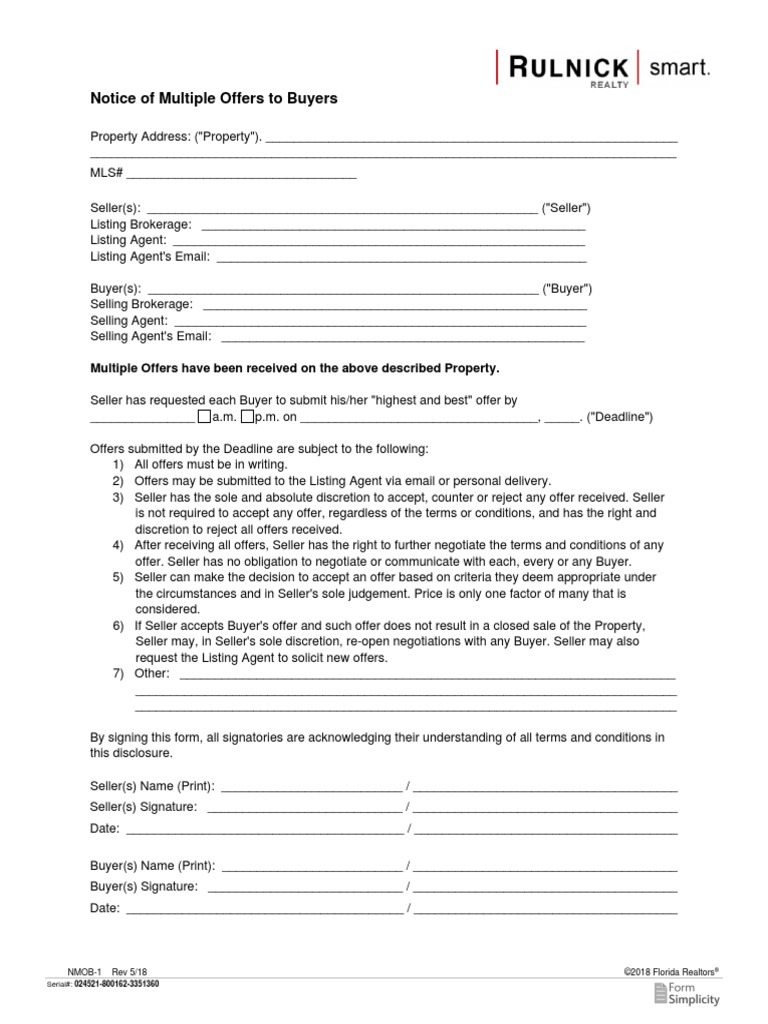 Multiple Offer Notice To Buyer Florida Real Estate - Home Purchase ...