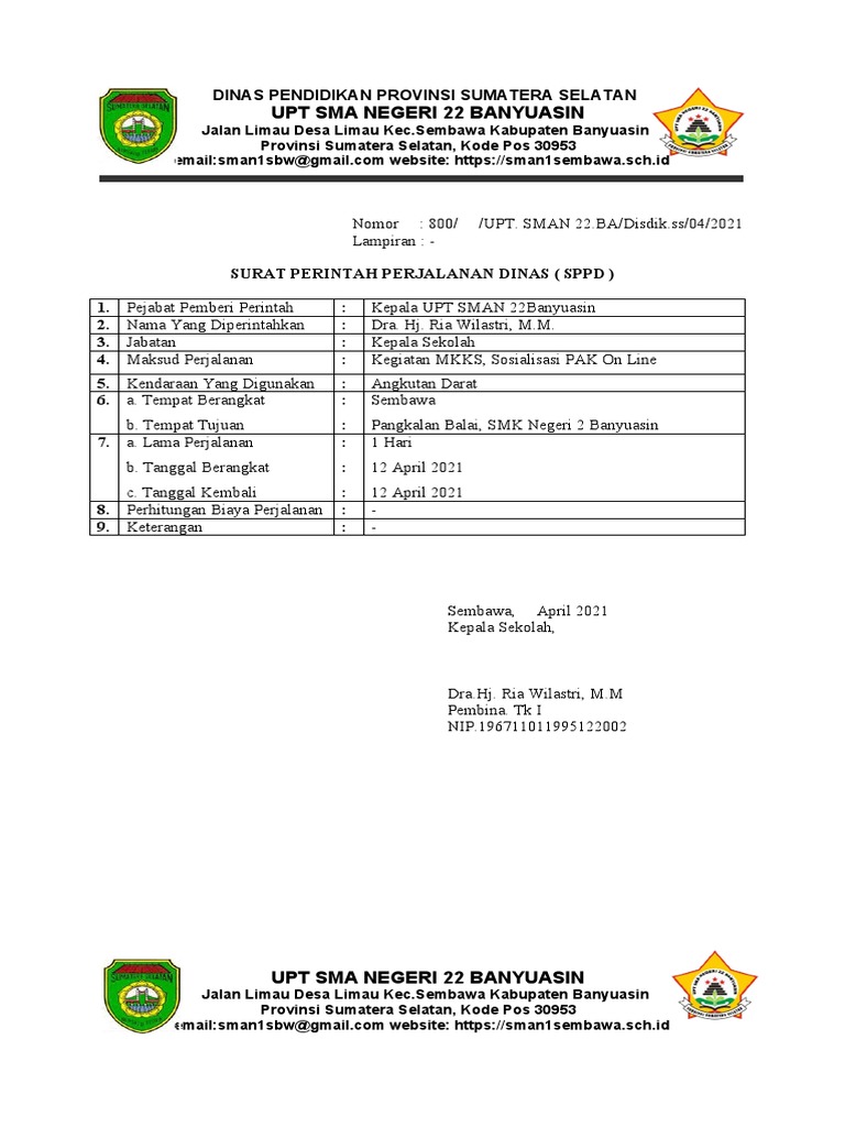 SPPD KePALA SEKOLAH MKKS, BU RIA | PDF