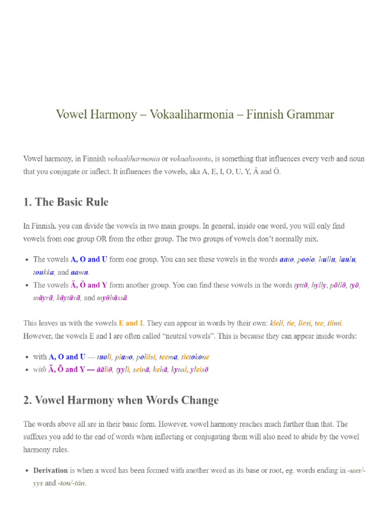 Finnish Vowel Harmony - Vokaaliharmonia | PDF