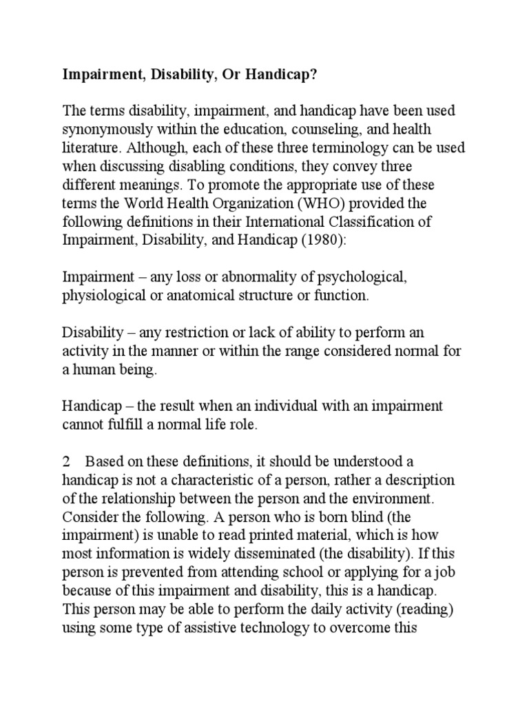 Impairment, Disability, or Handicap? | PDF | Disability | Human Nature