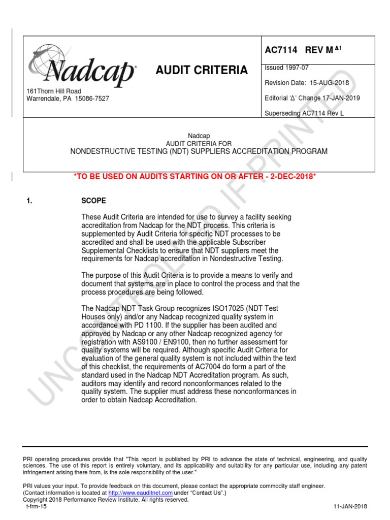 AC7114 Rev M NADCAP AUDIT CRITERIA | PDF | Nondestructive Testing | Audit
