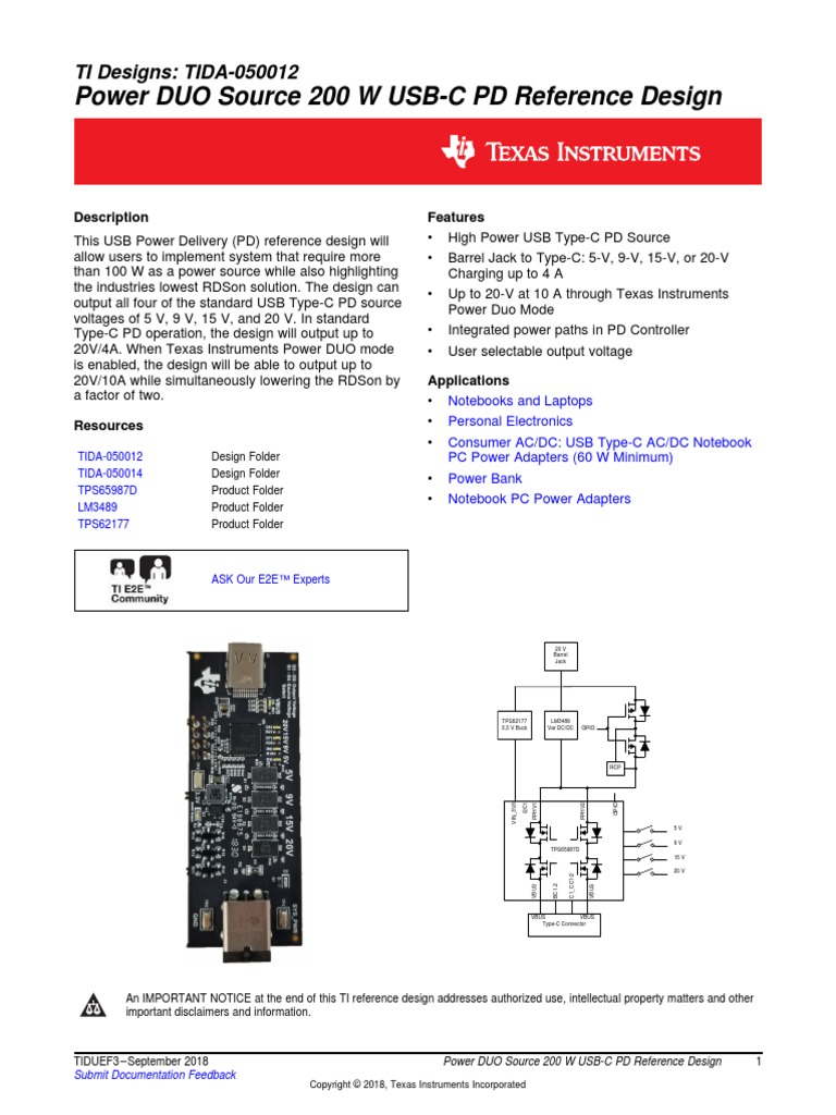 Power DUO Source 200 W USB-C PD Reference Design: TI Designs: TIDA ...