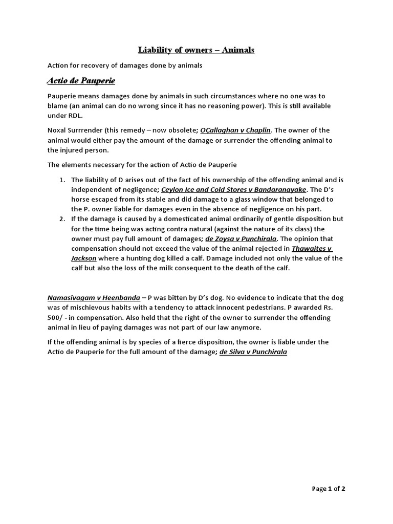 Noxal Surrender and Animal Liability | PDF | Damages | Legal Liability