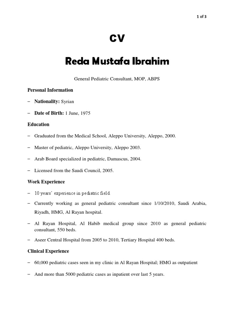 CV Dr. Reda Ibrahim دكتور رضا ابراهيم سيرة ذاتية | PDF | Pediatrics | Hospital