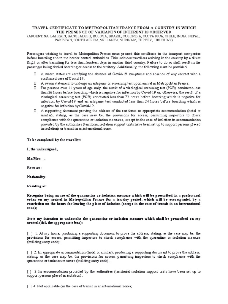 Travel Certificate and Declaration of Quarantine for Entry into ...