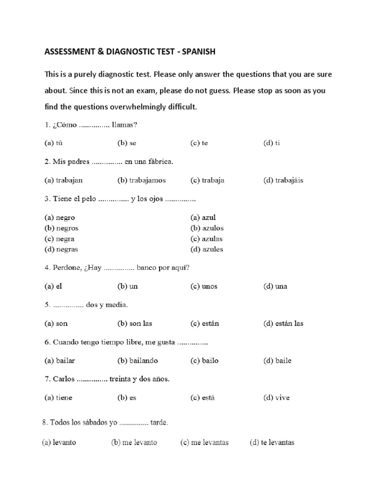 Assessment & Diagnostic Test - Spanish | PDF