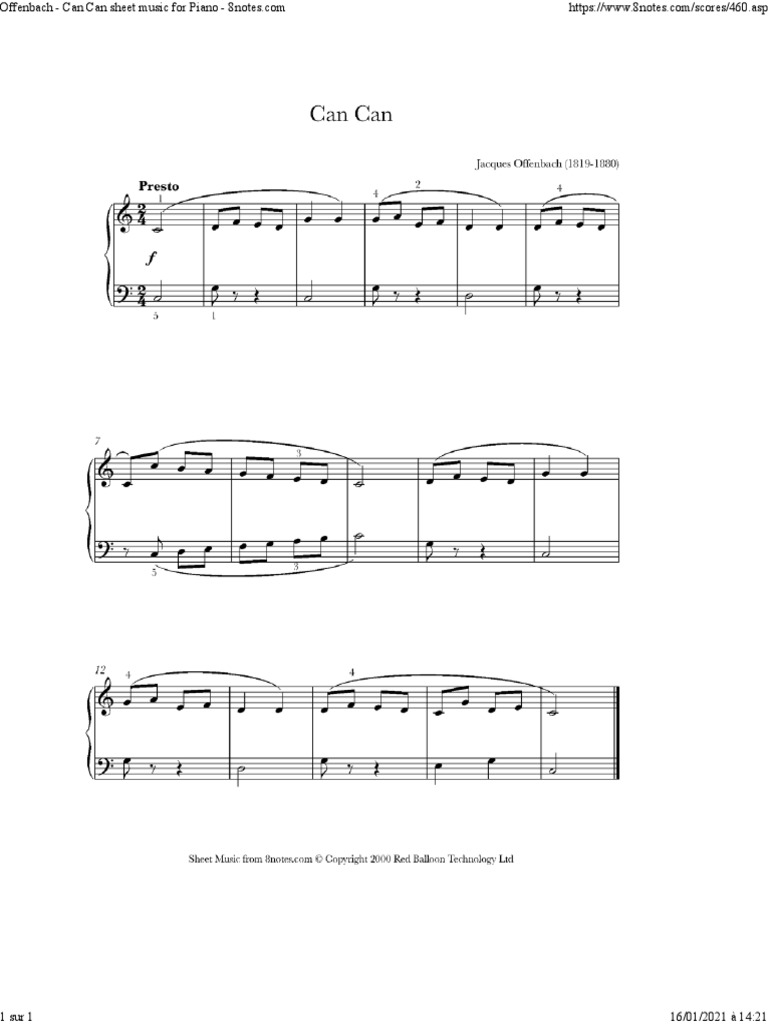 1offenbach - Can Can Sheet Music For Piano - 8notes | PDF
