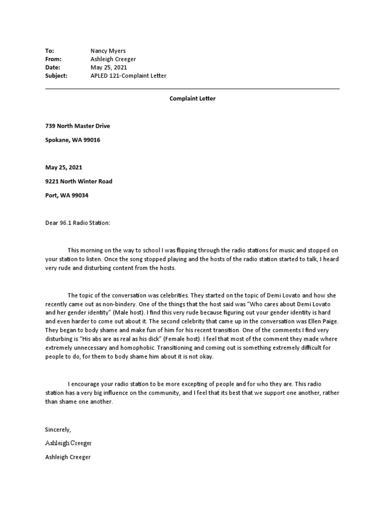 Complaint Letter | PDF