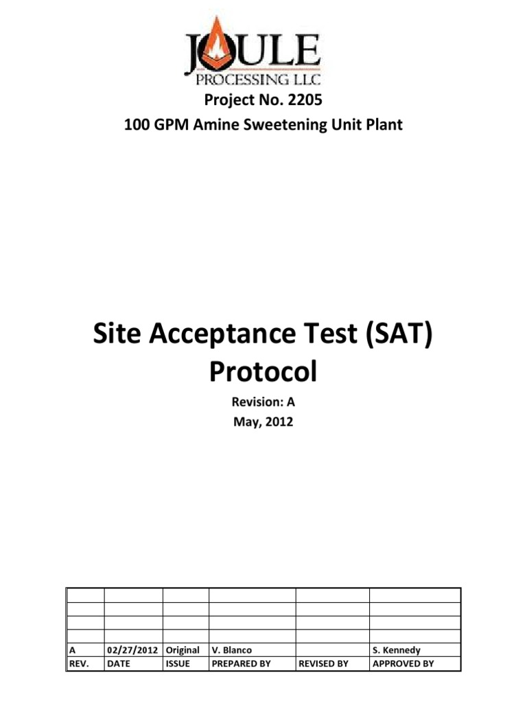 Site Acceptance Test (SAT) Protocol: Project No. 2205 100 GPM Amine ...