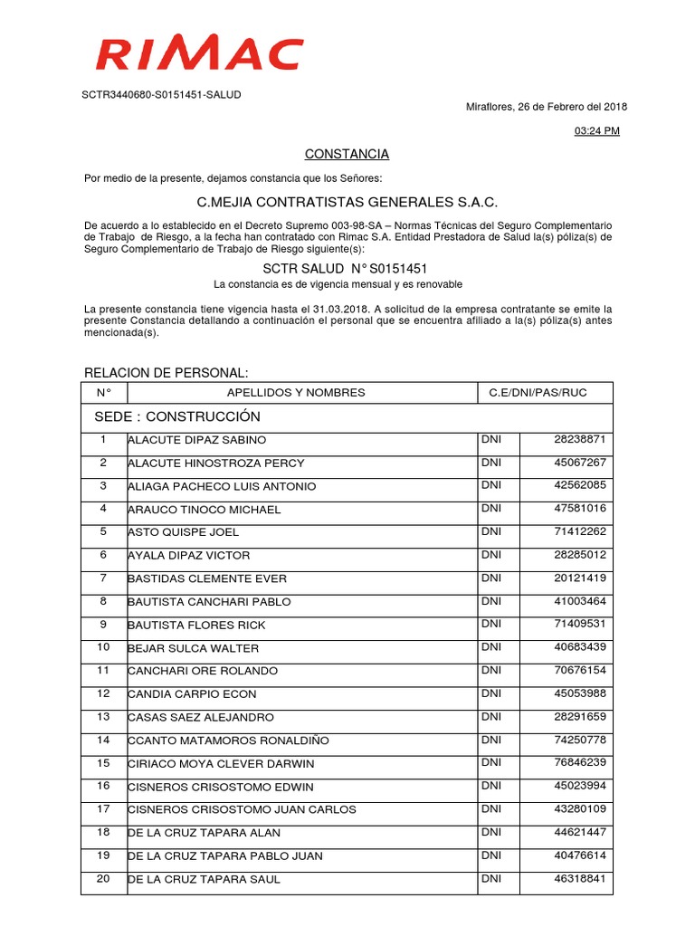 Poliza SCTR Salud Marzo - 1 | PDF