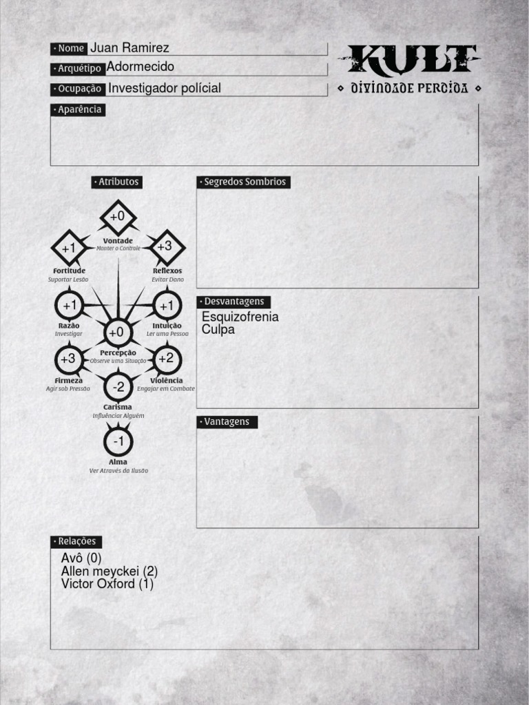 Kult - Divinity Lost - Ficha de Personagem (Juan Ramírez) | PDF | Bem-estar | Médico