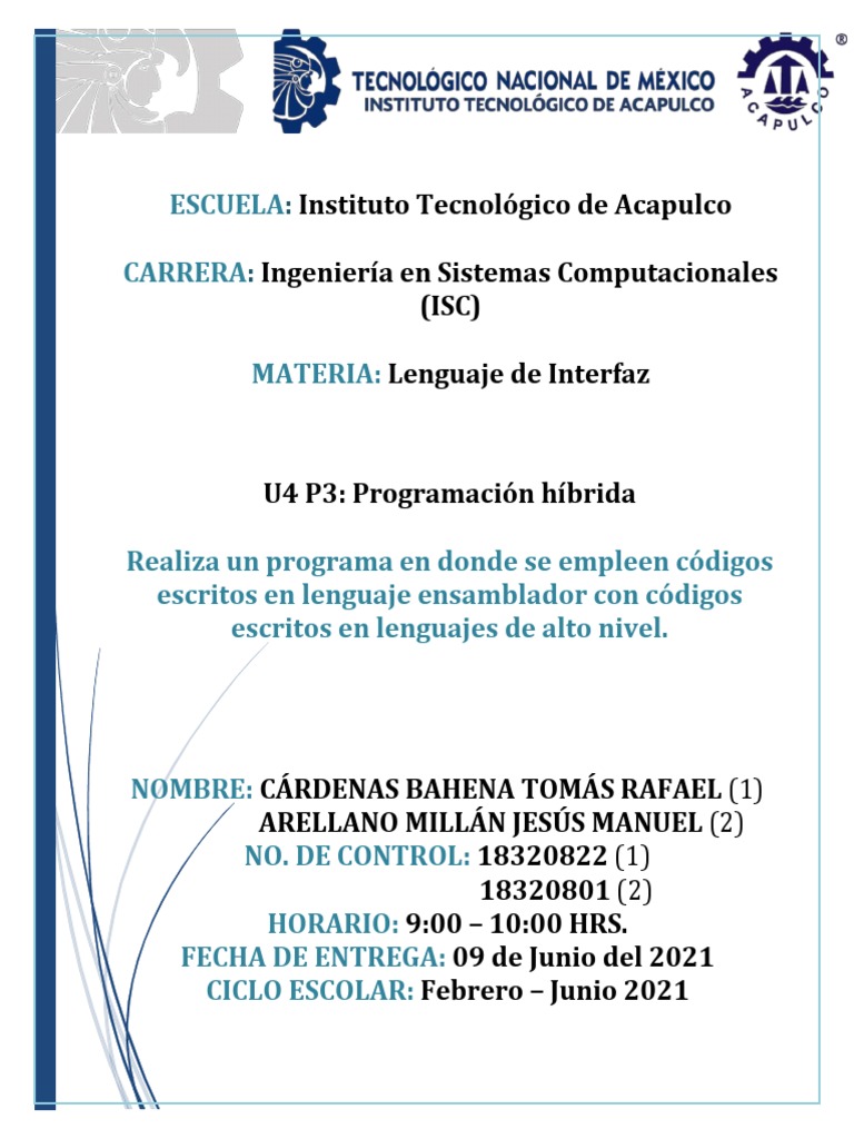 U4 P3 Programacion Hibrida | PDF | Lenguaje ensamblador | Lenguaje de ...