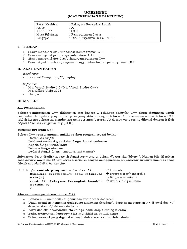 Jobsheet Pemrograman Dasar C++ RPL2013 | PDF