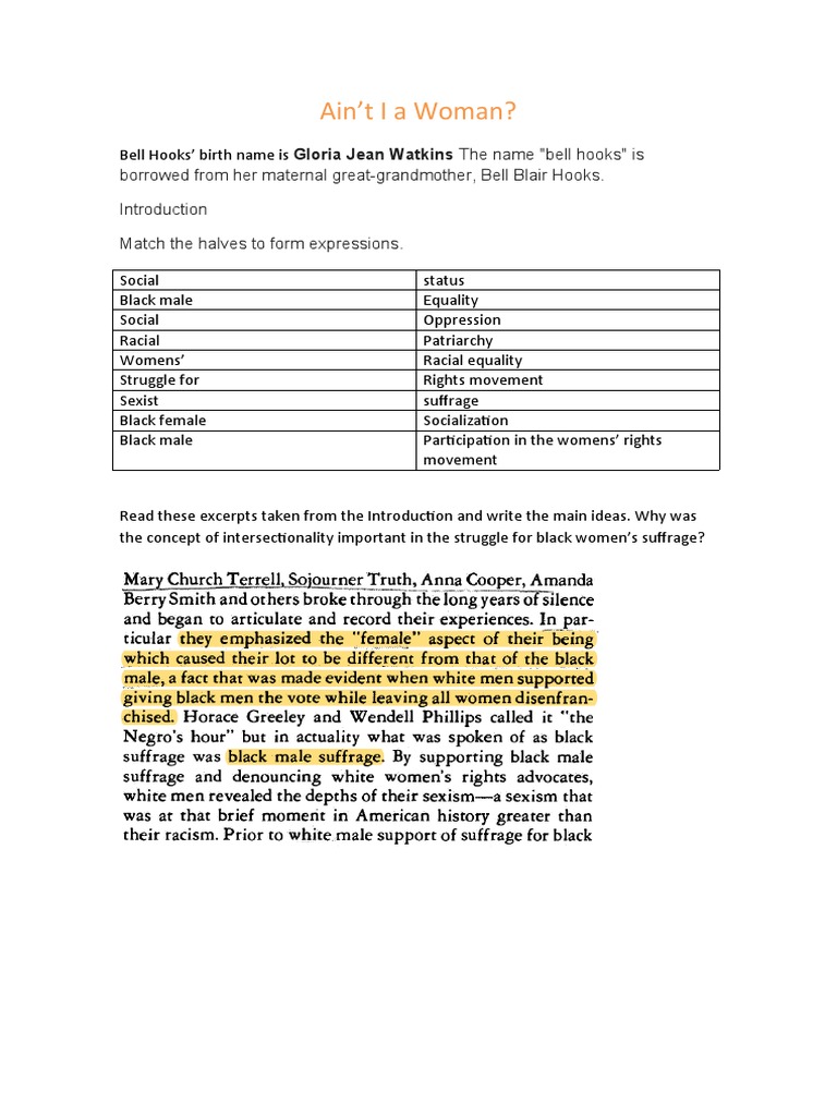 Aint I A Woman - Bell Hooks and Sojourner Truth | PDF | Abolitionism In ...