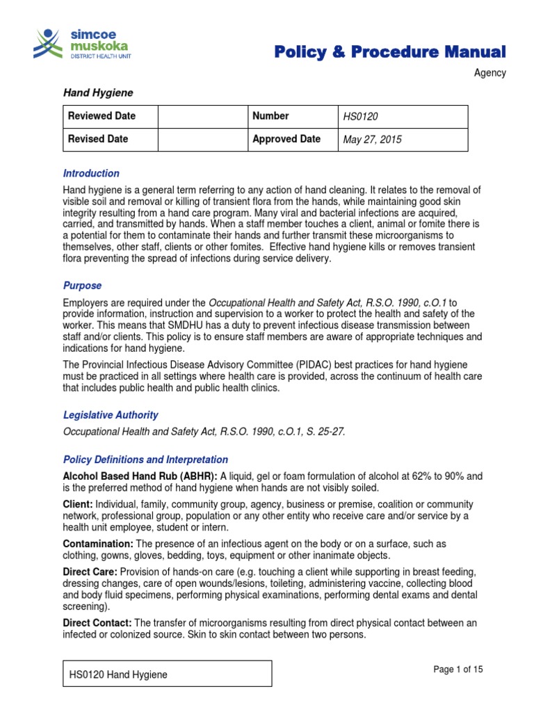 Policy & Procedure Manual: Hand Hygiene | PDF | Hand Washing | Hygiene
