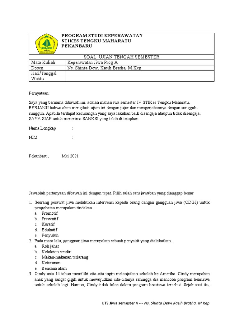 Soal Ujian Jiwa Prog A (Shinta) To mhs-1 | PDF