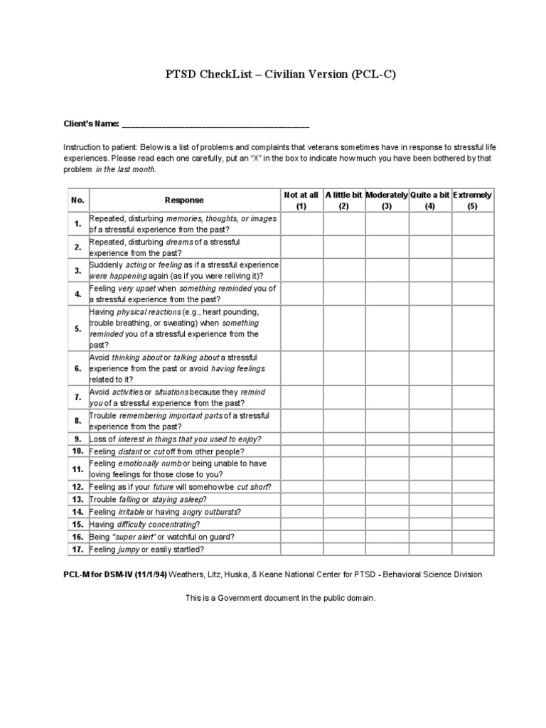 3 PTSD Checklist and Scoring | PDF | Feeling | Diagnostic And ...