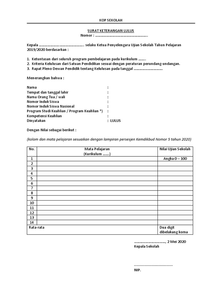 Contoh Surat Keterangan Kelulusan SMK 2020 | PDF