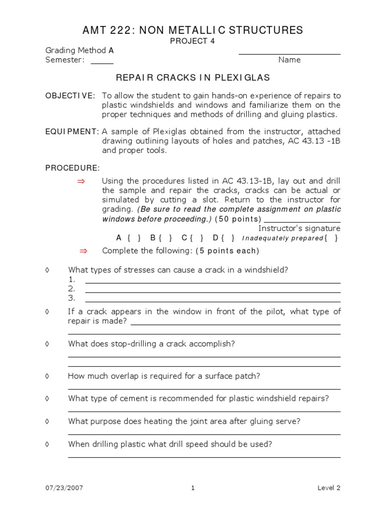 Amt 222: Non Metallic Structures: Repair Cracks in Plexiglas | PDF
