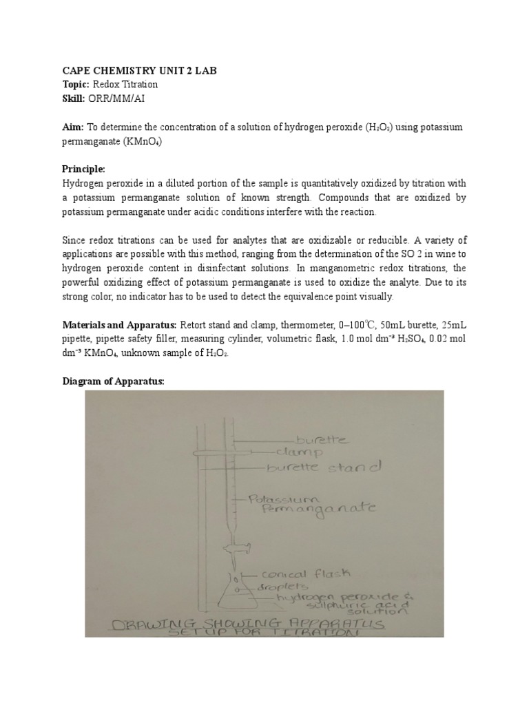 CAPE Chemistry U2 Lab - Redox Titration (SAMPLE) | PDF | Titration ...