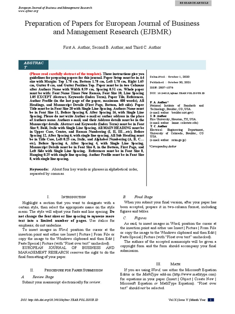 Preparation of Papers For European Journal of Business and Management Research (EJBMR) | PDF ...