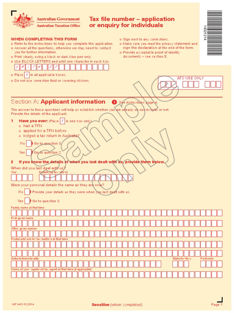 Tax File Number - Application or Enquiry For Individuals: Section A ...