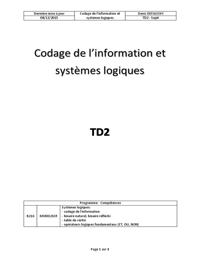 td2 Transcodeur Gray Binaire | Download Free PDF | Ingénierie informatique | Informatique
