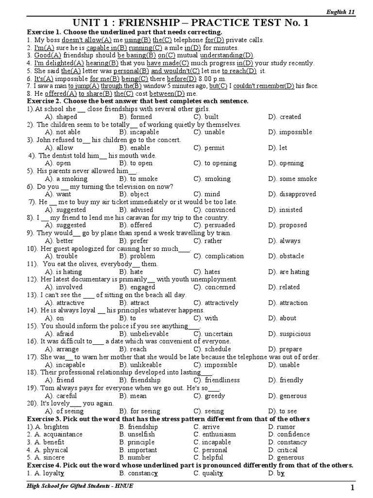 Unit 1: Frienship - Practice Test No. 1 | PDF