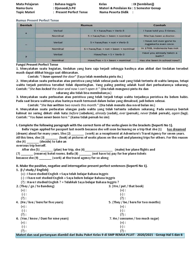 Bahasa Inggris IX - Materi & Penilaian 1 - Present Perfect Tense | PDF ...