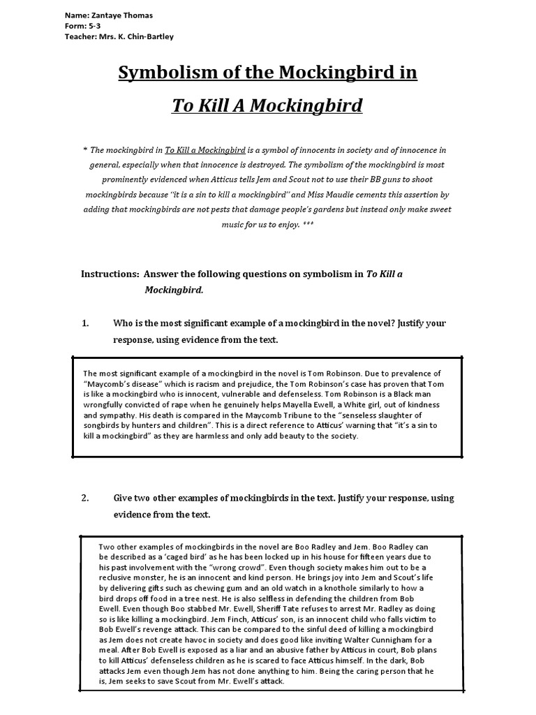 Symbolism of Mockingbird Worksheet | PDF | To Kill A Mockingbird | Justice
