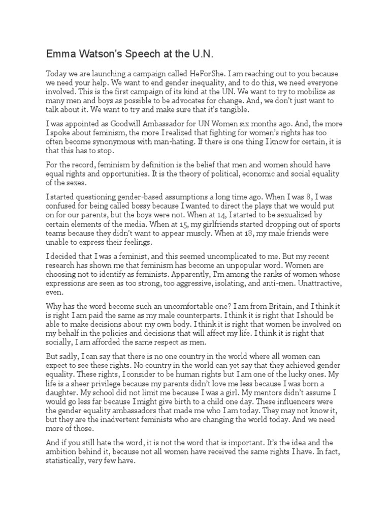 Emma Watson's Speech at The U.N | PDF | Feminism | Gender Studies