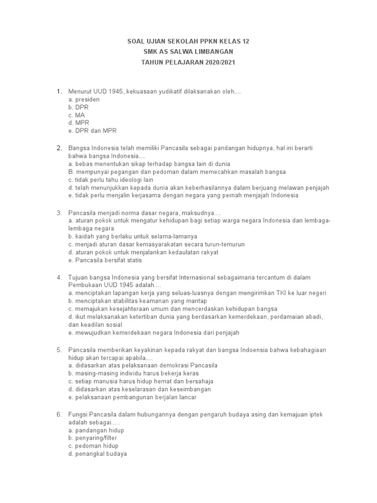Soal Us PPKN KLS 12 | PDF