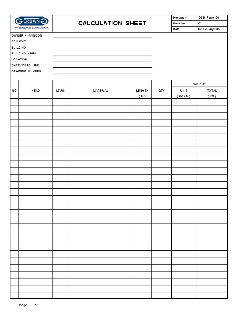 GSB-Form-09-Calculation Sheet | PDF