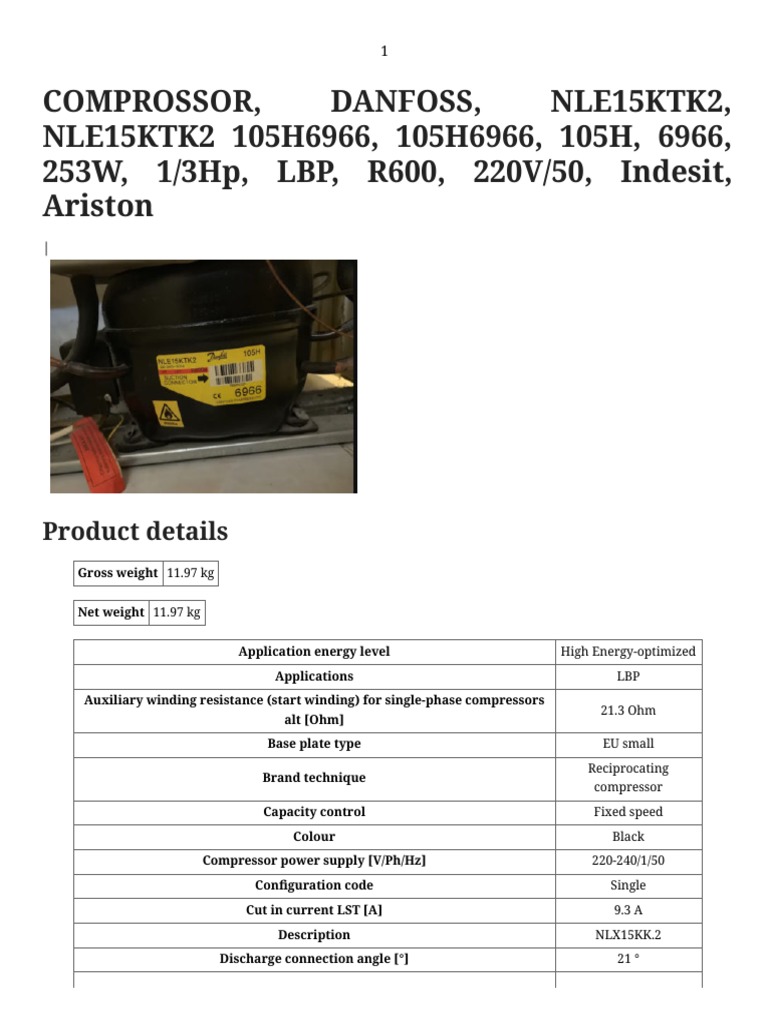 Danfoss NLE15KTK2 Compressor Specs | PDF | Capacitor | Quantity