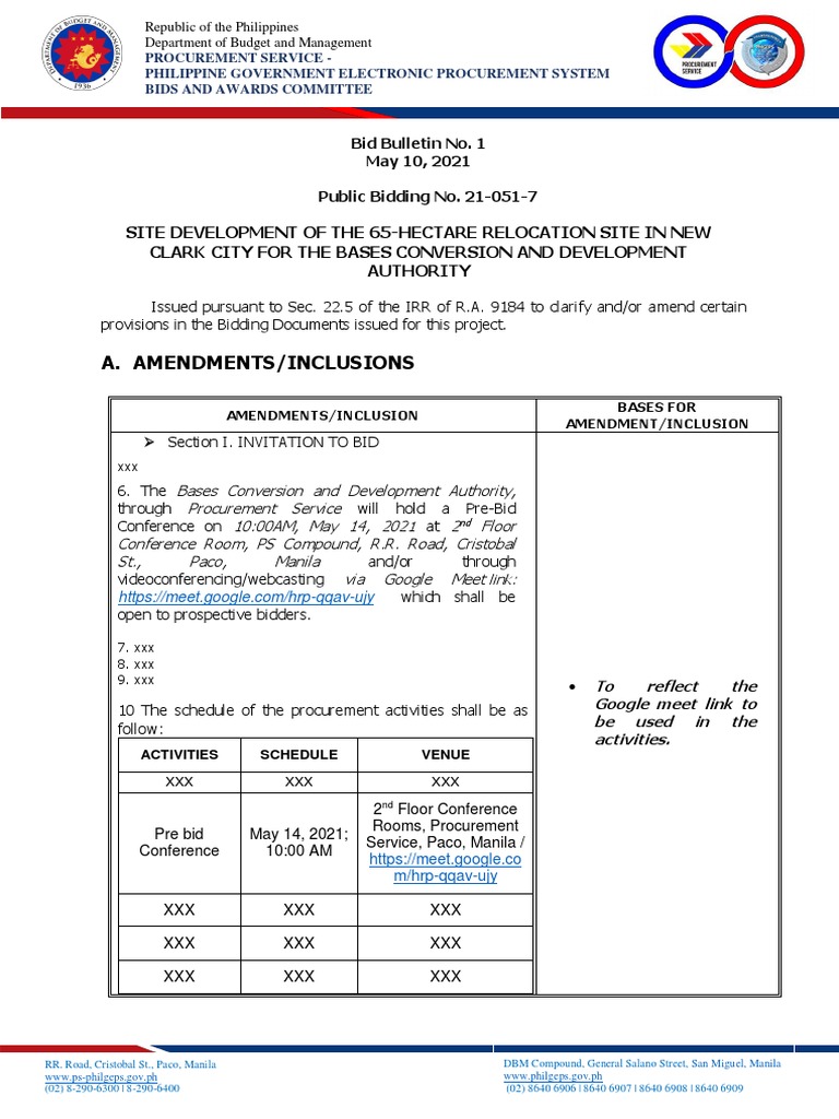 Bid Bulletin No. 1 | PDF | Philippines | Public Law