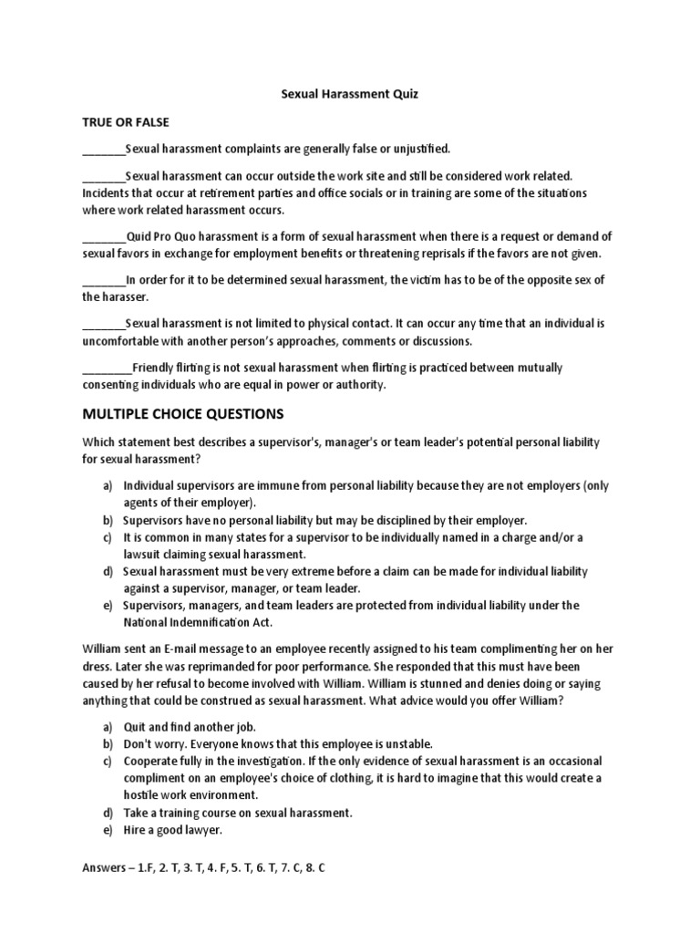 Sexual Harassment Quiz Master With Answers Pdf Sexual Harassment