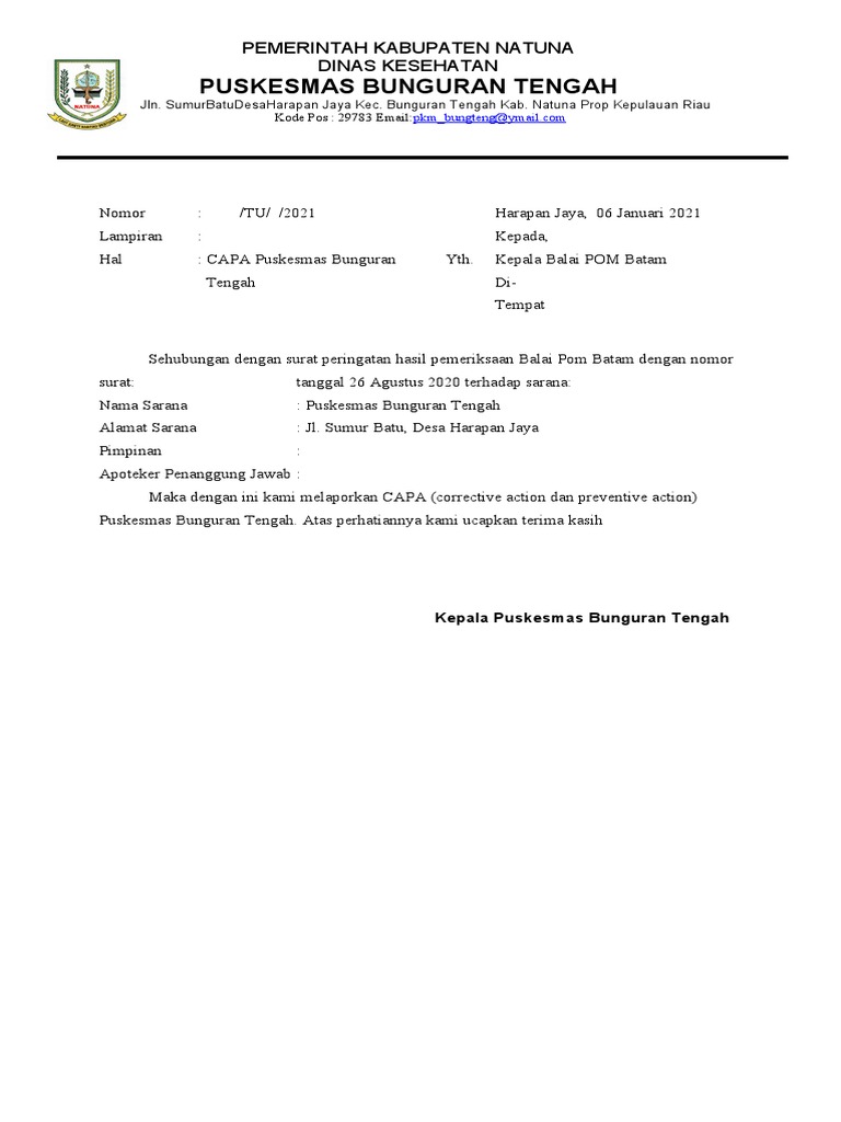 Surat Pengantar CAPA PUSKESMAS | PDF