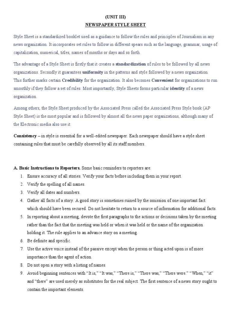 (Unit Iii) Newspaper Style Sheet | PDF | Comma | Punctuation
