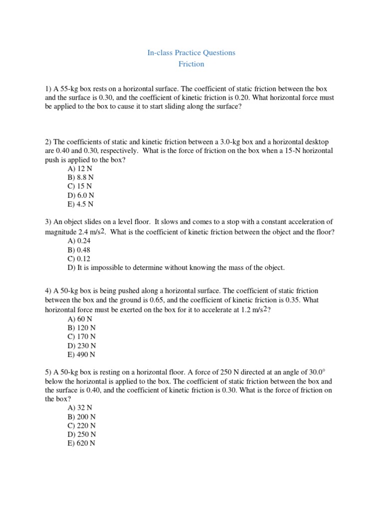 In-Class Practice Questions Friction | PDF | Friction | Force